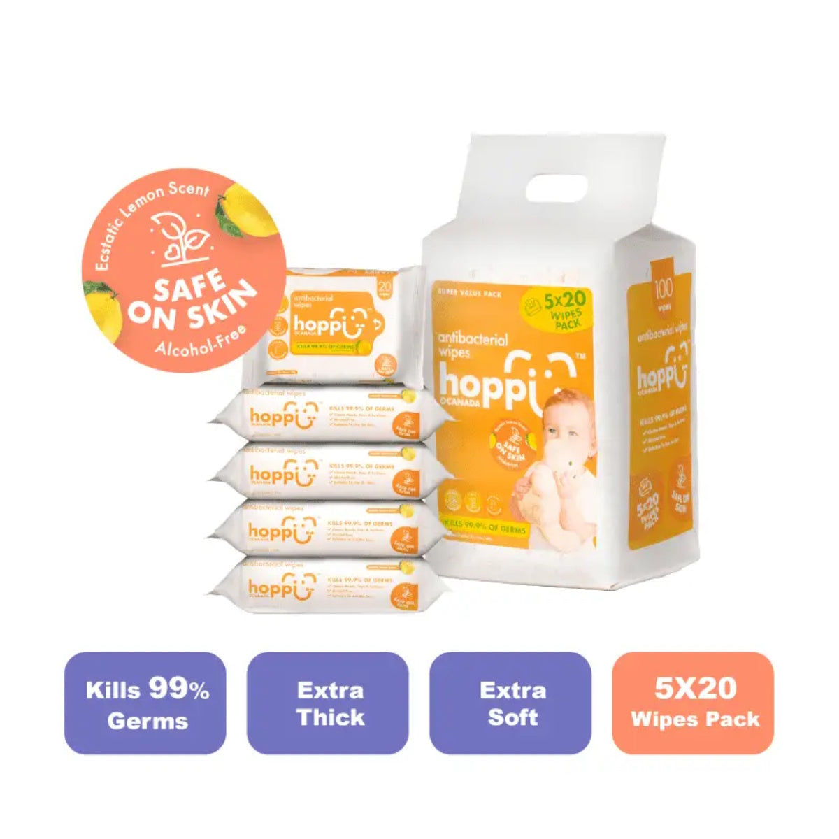 Hoppi 20 Sheets 5-In-1 Bundle Pack Antibacterial Wet Wipes – Happikiddo.com