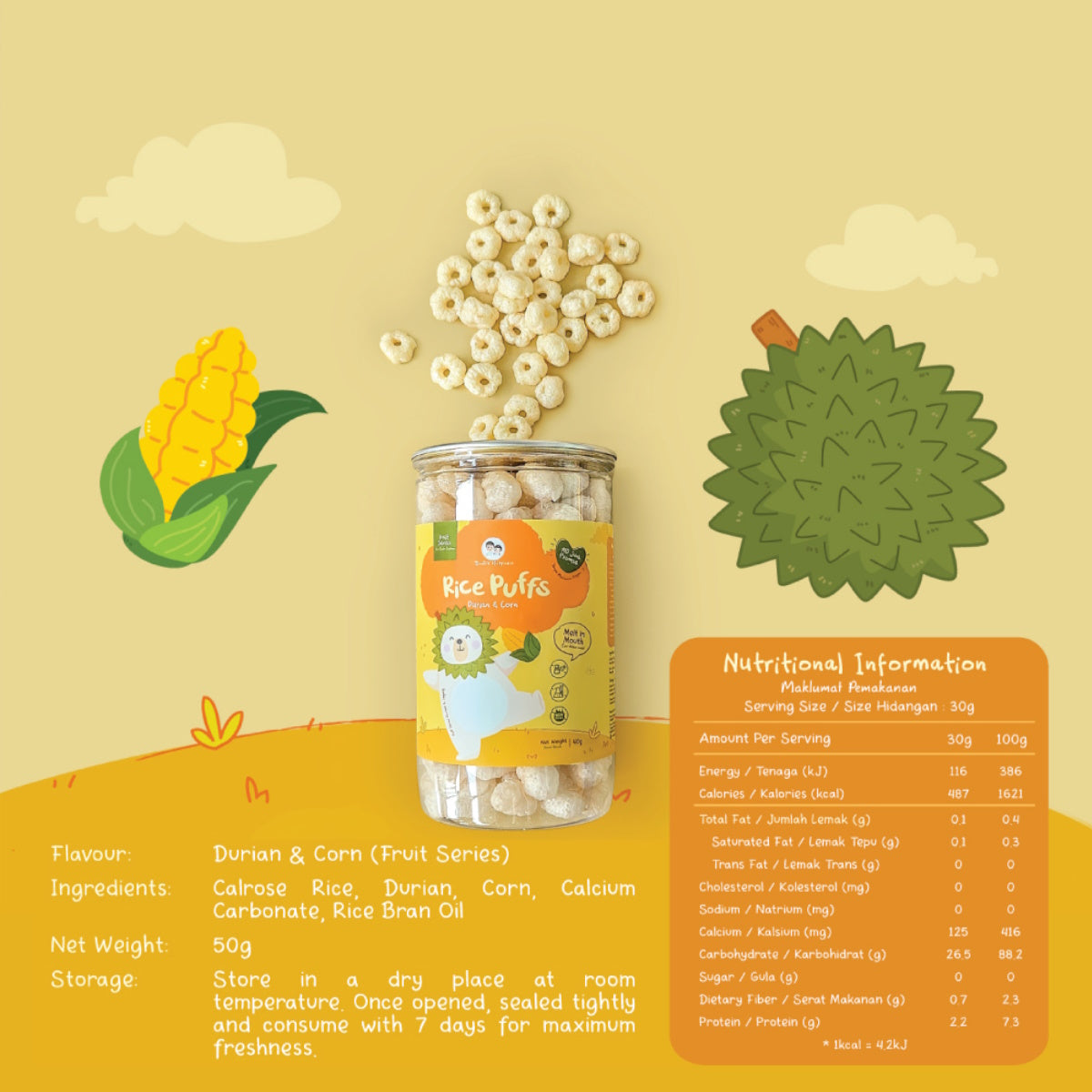 Double Happiness Rice Puff (Durian & Corn) 50g – Happikiddo.com